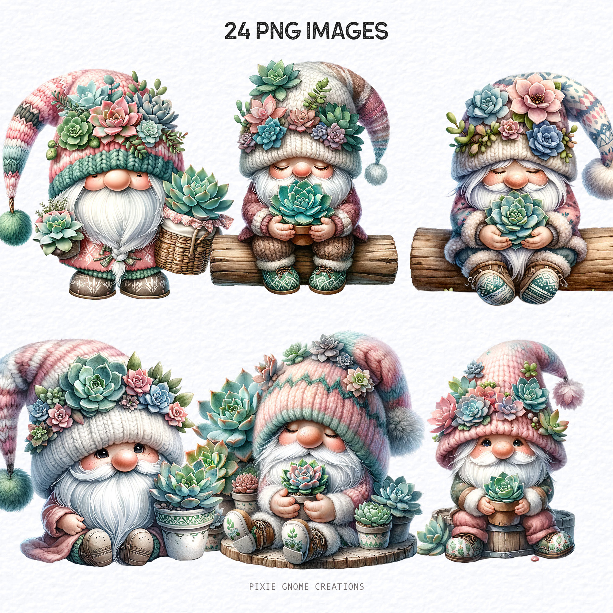 Watercolor Succulent Cactus Gnome Clipart Bundle Png, Succulent Garden ...