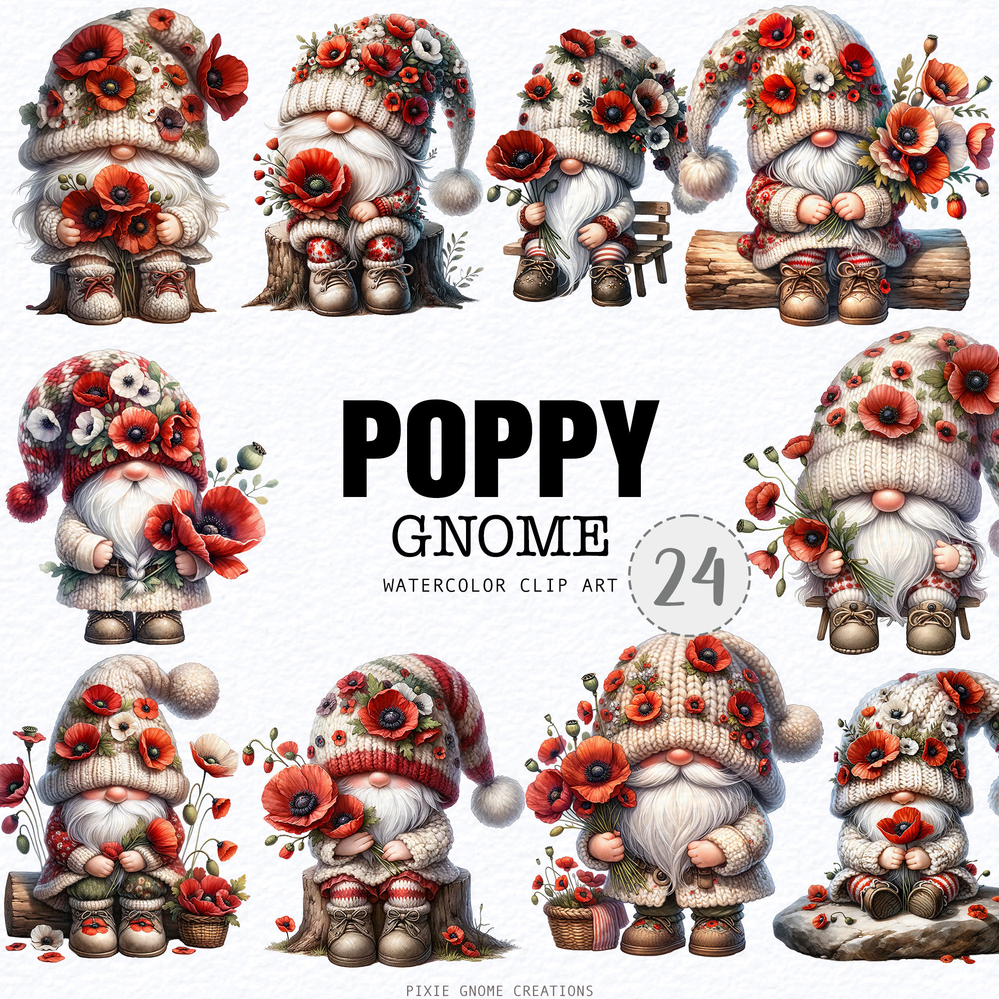 Watercolor Valentines Poppy Remembrance Floral Gnome Clipart PNG Bundle ...