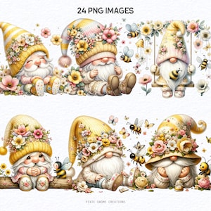 Watercolor Flower Bee Gnome Clipart Bundles, Gnome With Flowers ...