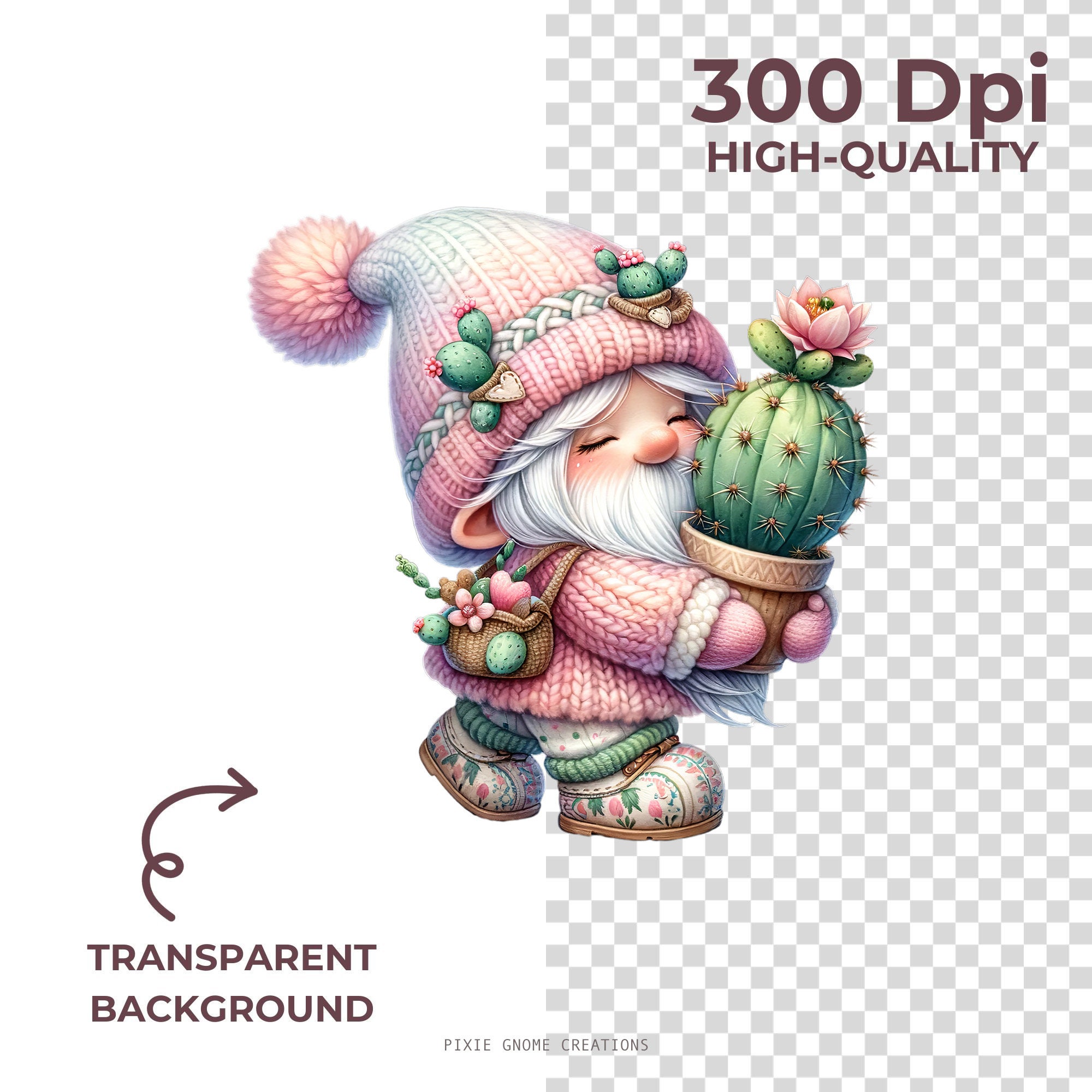 Watercolor Flowering Cactus Gnome Clipart Bundle Png, Succulent Garden ...