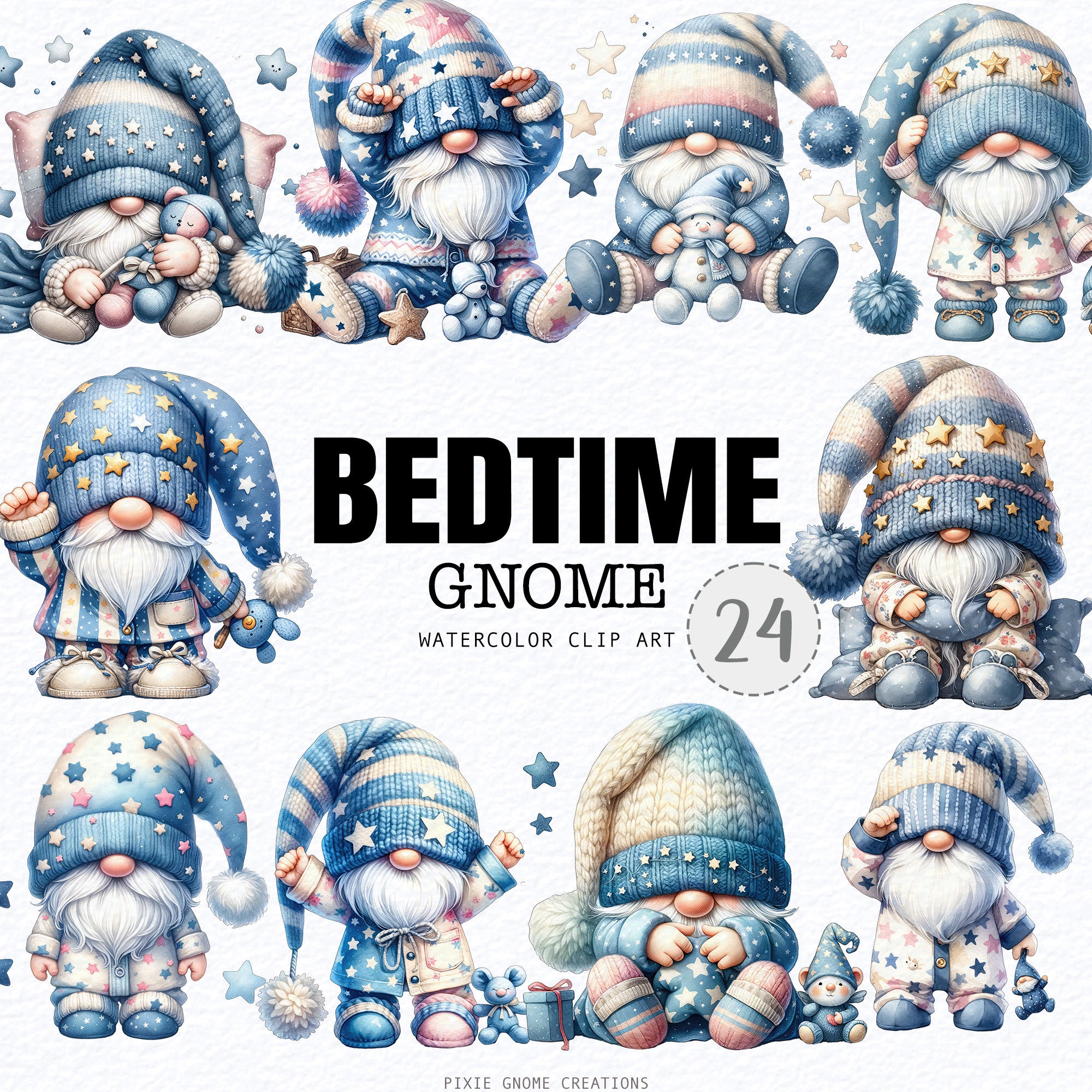 Watercolor Pastel Pijamas Gnome Clipart PNG Bundle, Cute Bed Time ...