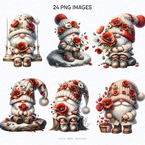 Watercolor Valentines Poppy Remembrance Floral Gnome Clipart PNG Bundle ...