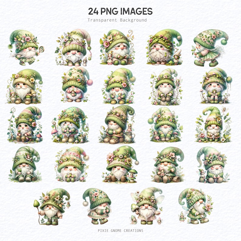 Watercolor Floral Fairy Forest Gnome Clipart PNG Bundle, Garden Gnome ...