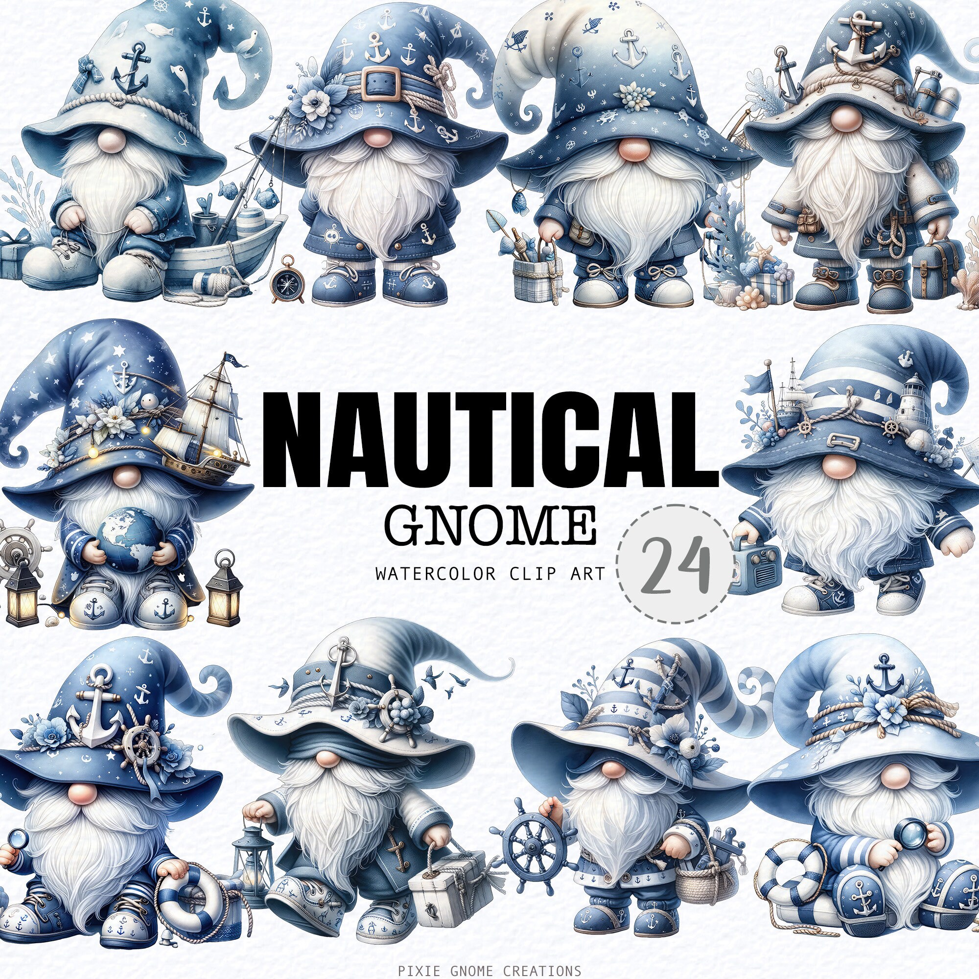 Watercolor Nautical Gnome Clipart Bundle Png, Fisherman Gnome, Fly ...