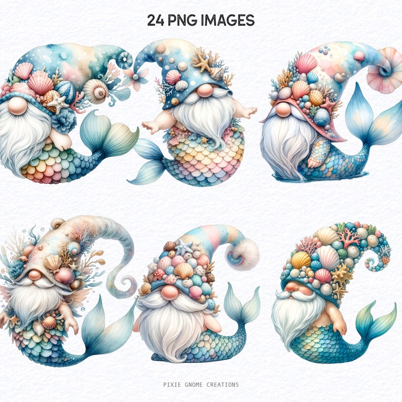 Watercolor Mermaid Gnome Clipart Bundles, Cute Fairytale Clipart ...