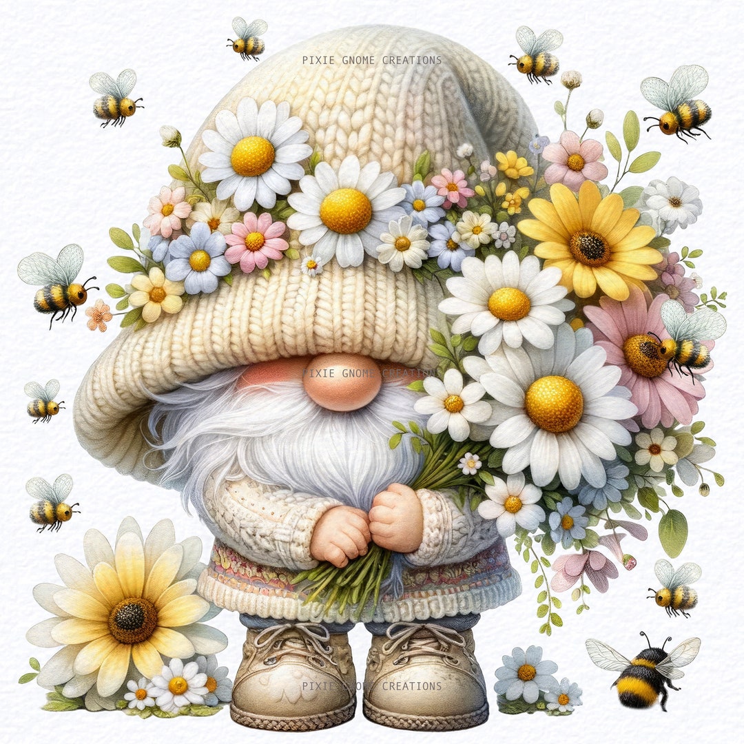 Watercolor Daisy Bumble Bee Gnome Clipart Bundle Png, Garden Clipart ...