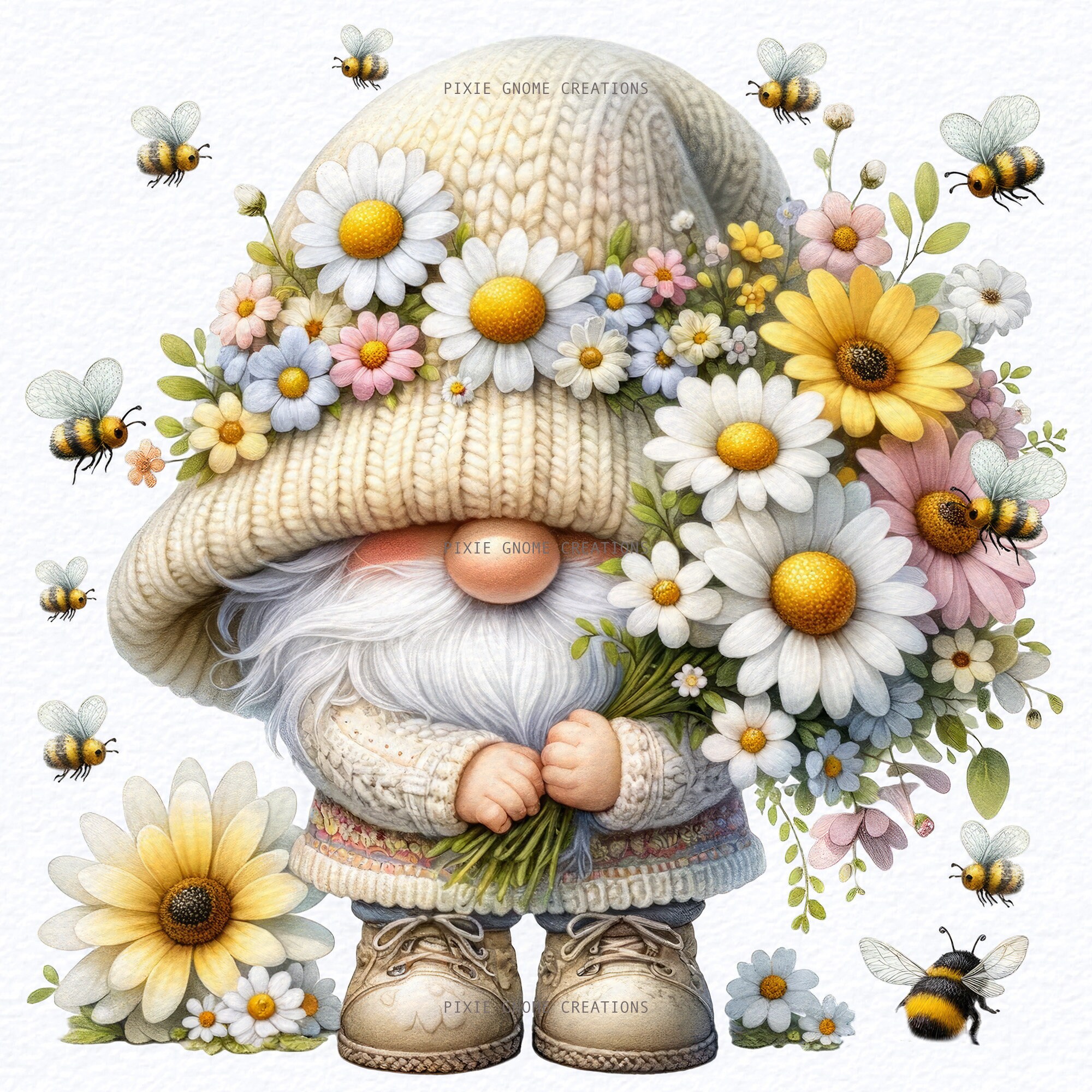 Watercolor Daisy Bumble Bee Gnome Clipart Bundle Png, Garden Clipart ...