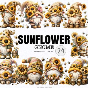 Watercolor Sunflower Bee Gnome Clipart Bundles, Gnome With Flowers ...