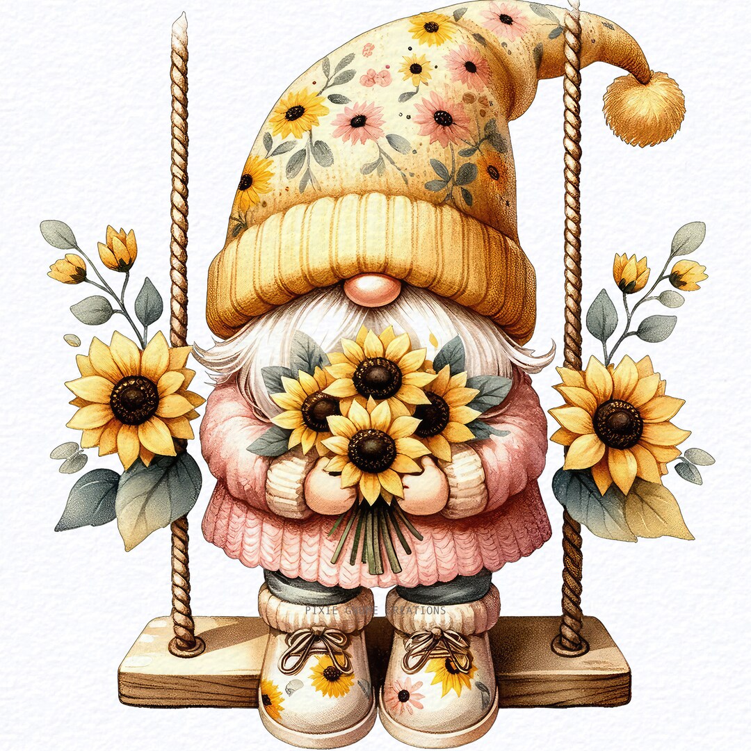 Watercolor Summer Garden Sunflowers Gnome Clipart Bundle Png, Garden ...