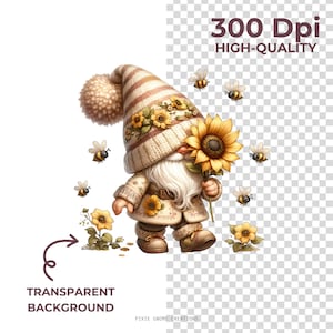 Watercolor Sunflower Bee Gnome Clipart Bundles, Gnome With Flowers ...