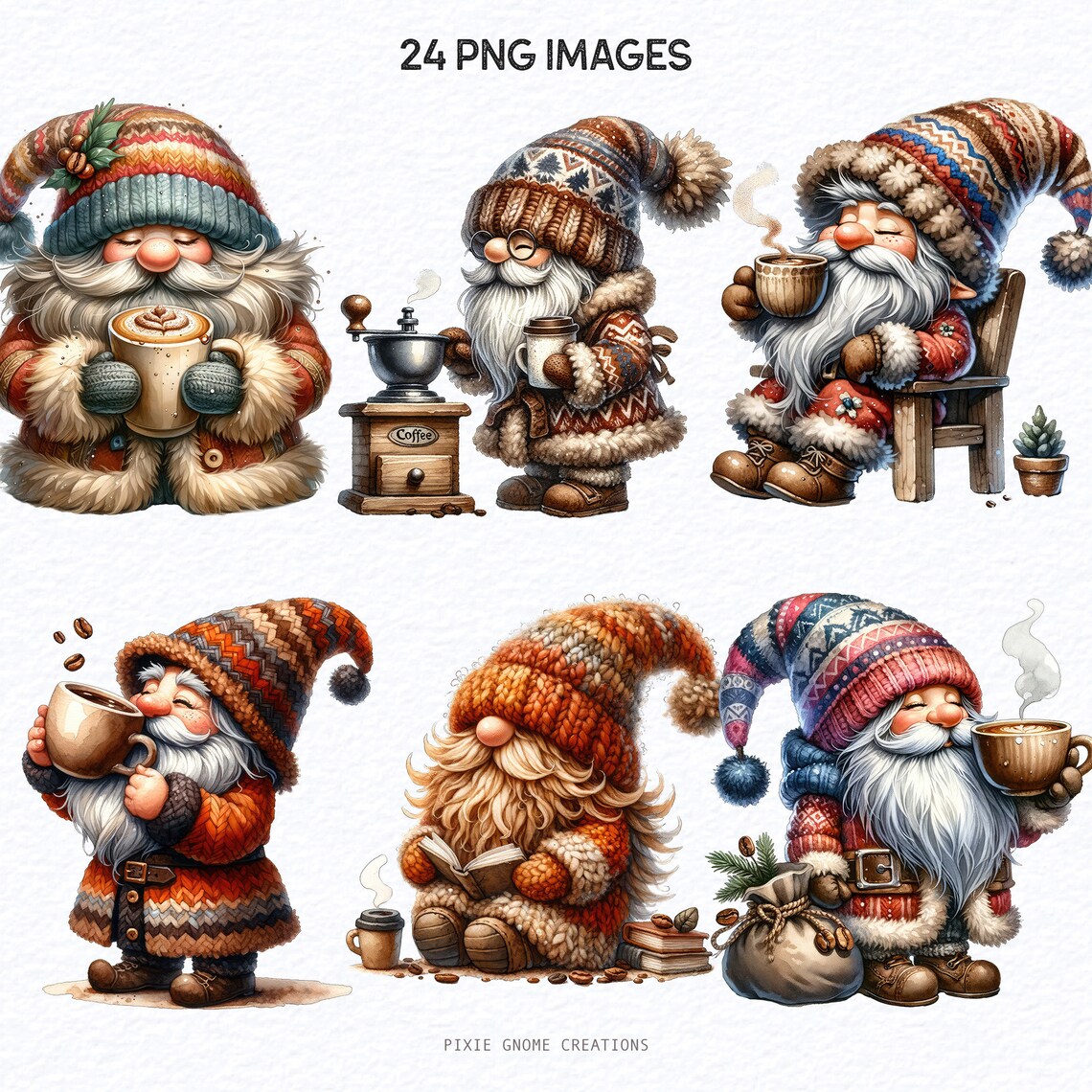 Watercolor Coffee Lover Gnomes Png Clipart Bundles, Coffee Beans Gnome ...