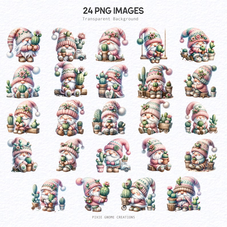 Watercolor Flowering Cactus Gnome Clipart Bundle Png, Succulent Garden ...