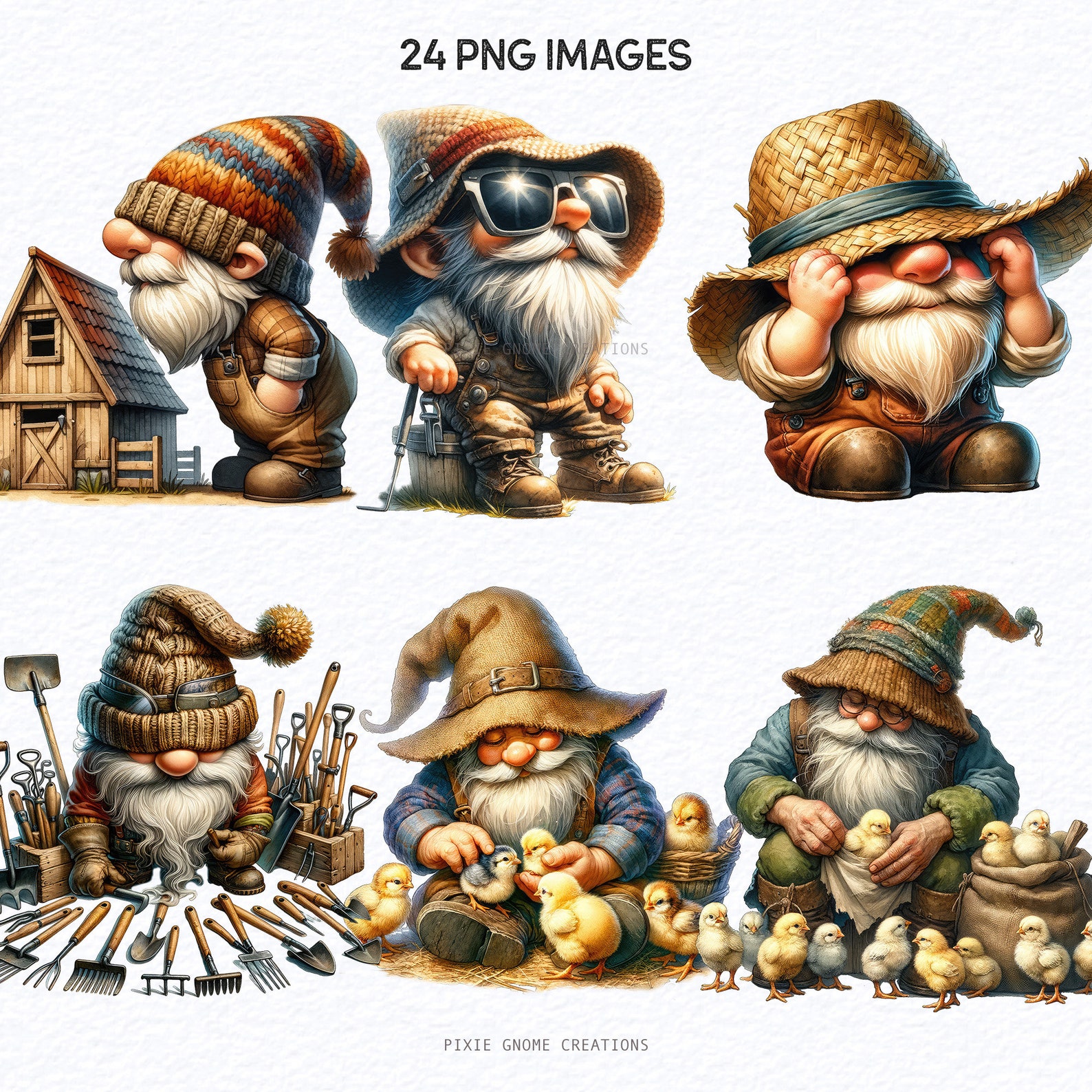 Watercolor Animal Farm Gnome Png Clipart Bundle, Farmers Market Clipart ...