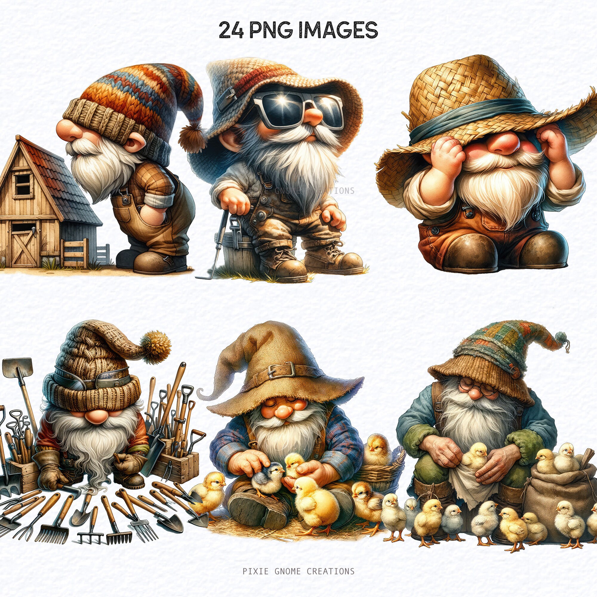 Watercolor Animal Farm Gnome Png Clipart Bundle, Farmers Market Clipart ...