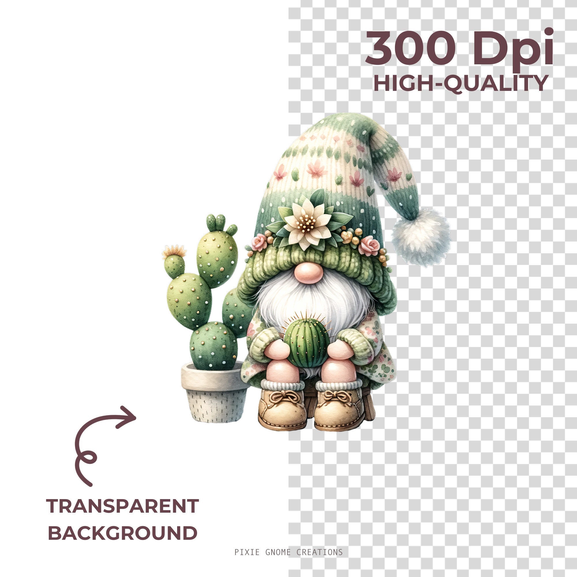 Watercolor Flowering Cactus Gnome Clipart Bundle Png, Succulent Garden ...