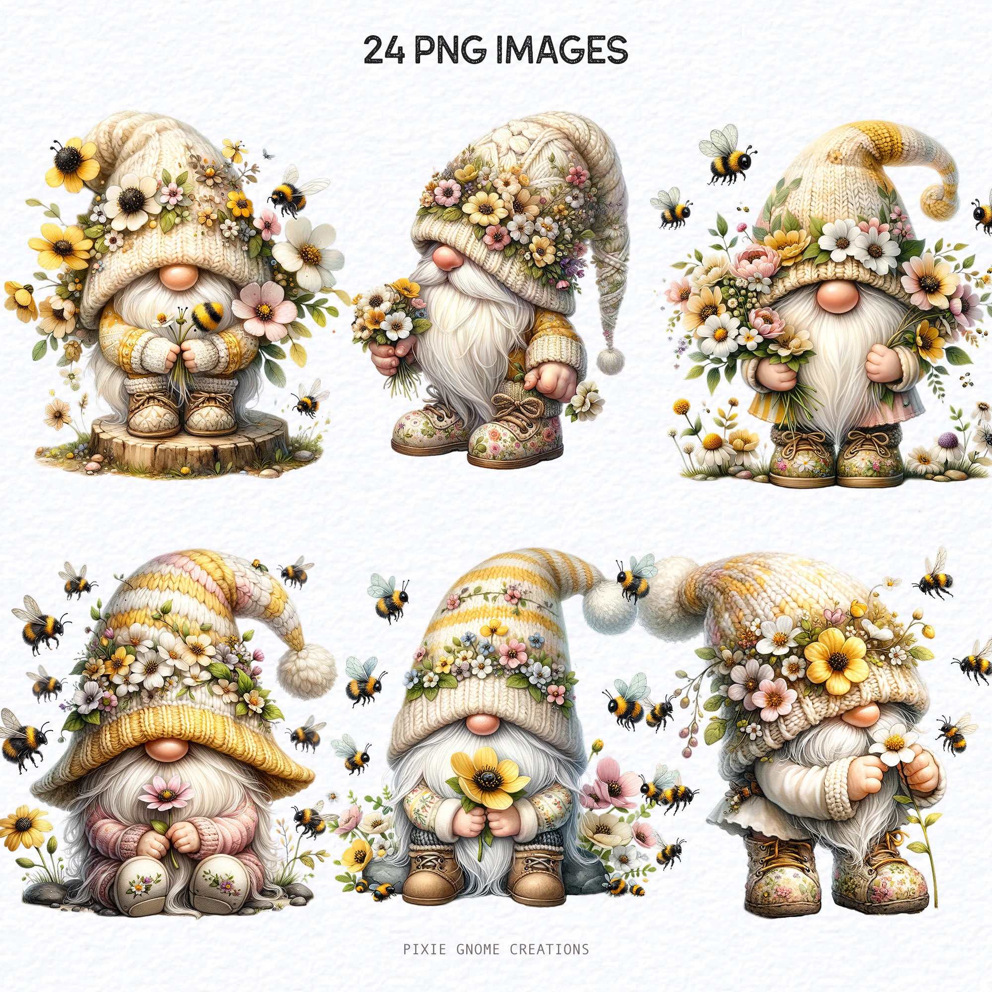 Watercolor Wildflower Bumble Bee Gnome Clipart Bundle Png, Garden ...