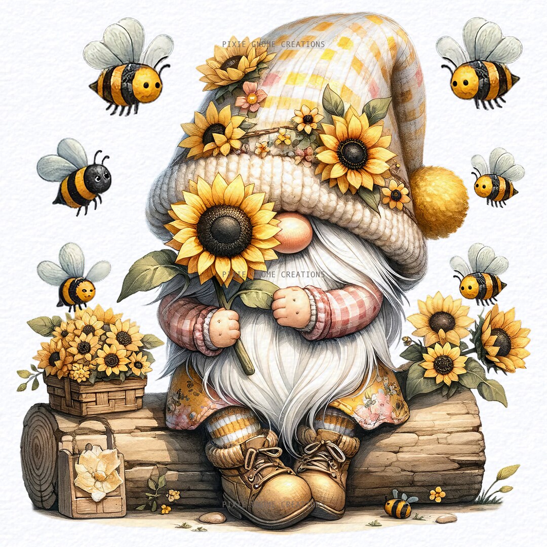 Watercolor Sunflower Bee Gnome Clipart Bundles, Gnome With Flowers ...