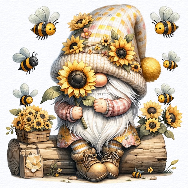 Sunflower Bee Gnome Clipart - Etsy