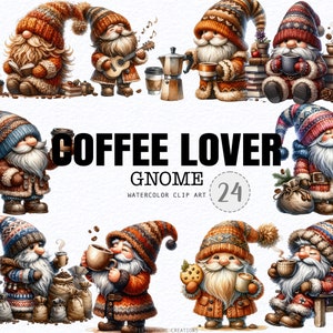 Watercolor Coffee Lover Gnomes Png Clipart Bundles, Coffee Beans Gnome ...