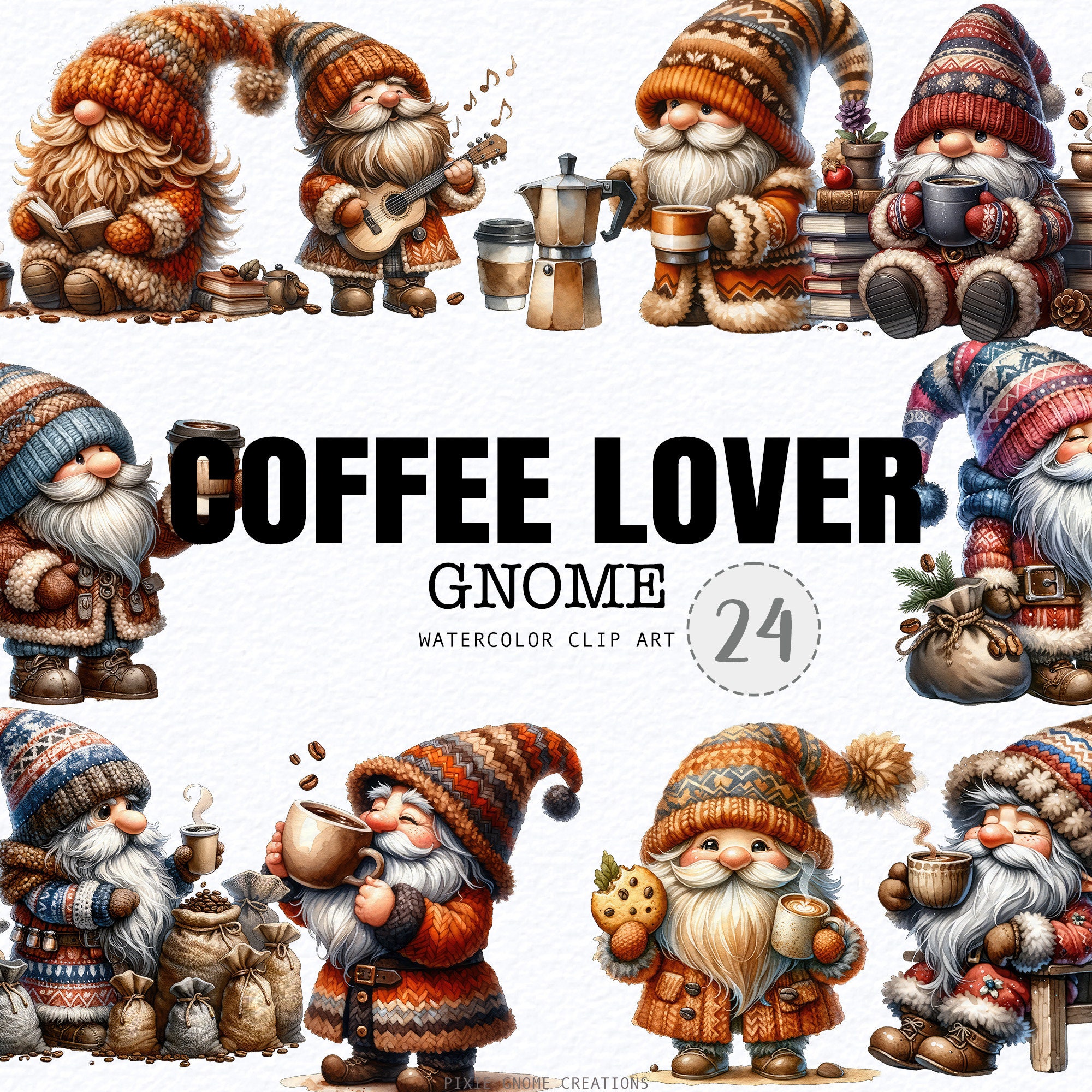 Watercolor Coffee Lover Gnomes Png Clipart Bundles, Coffee Beans Gnome ...