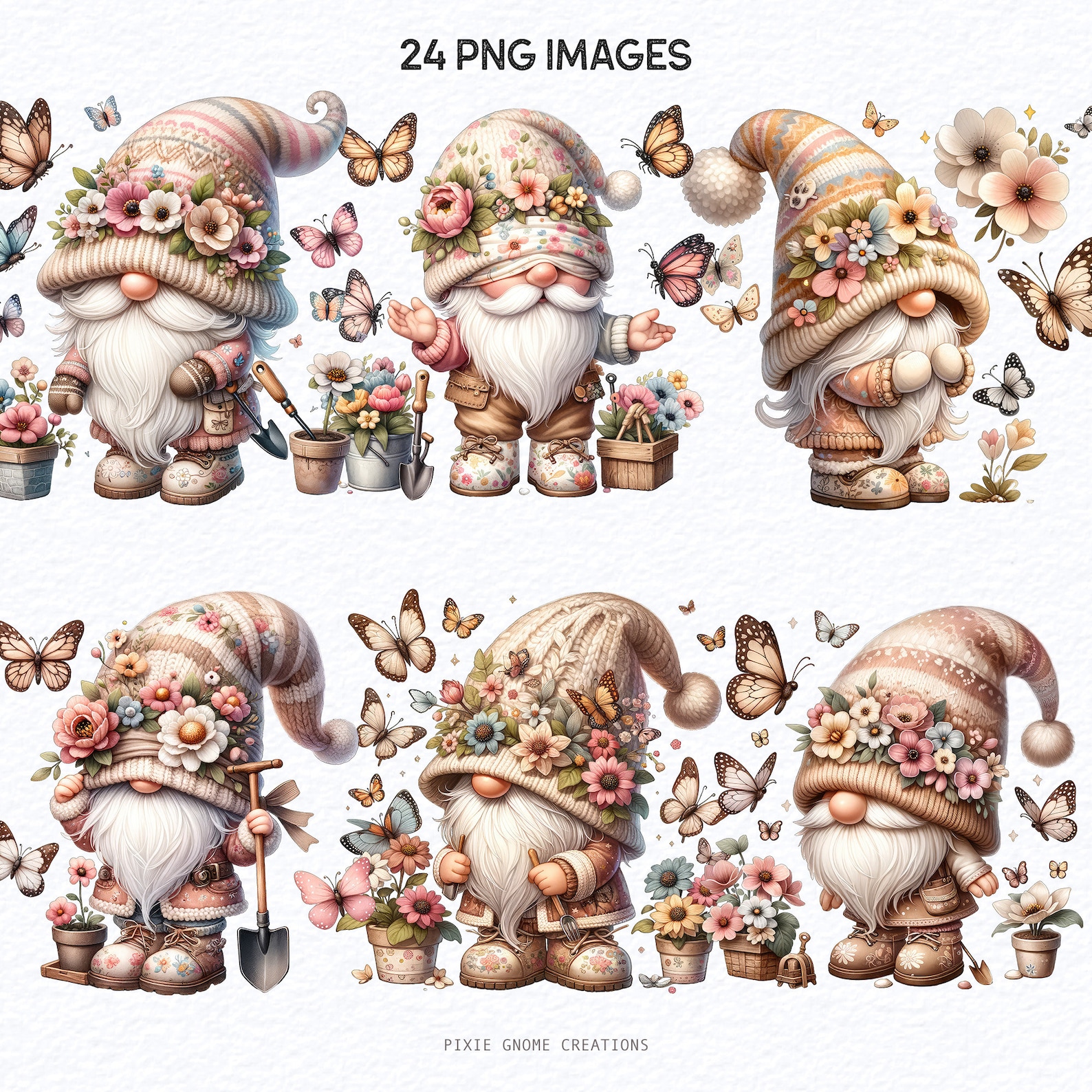 Watercolor Garden Gnome Clipart PNG Clipart Bundle, Gnome With Flowers ...