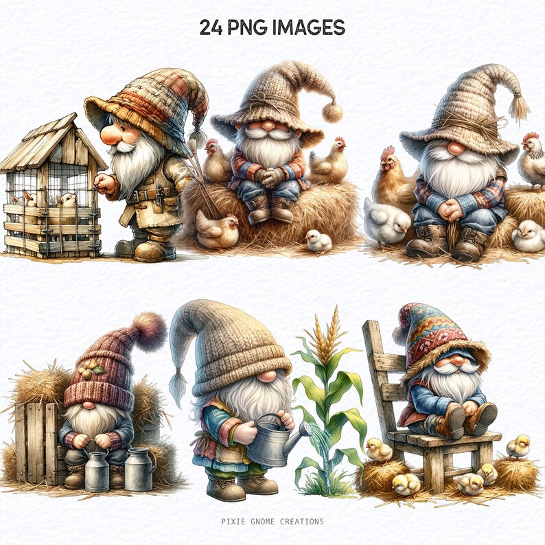 Watercolor Animal Farm Gnome Png Clipart Bundle, Farmers Market Clipart ...