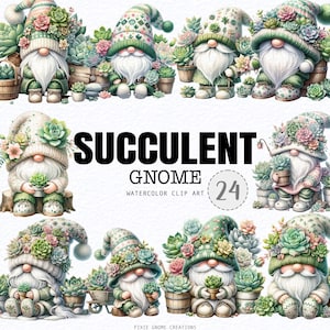 Watercolor Succulent Cactus Gnome Clipart Bundle Png, Succulent Garden ...