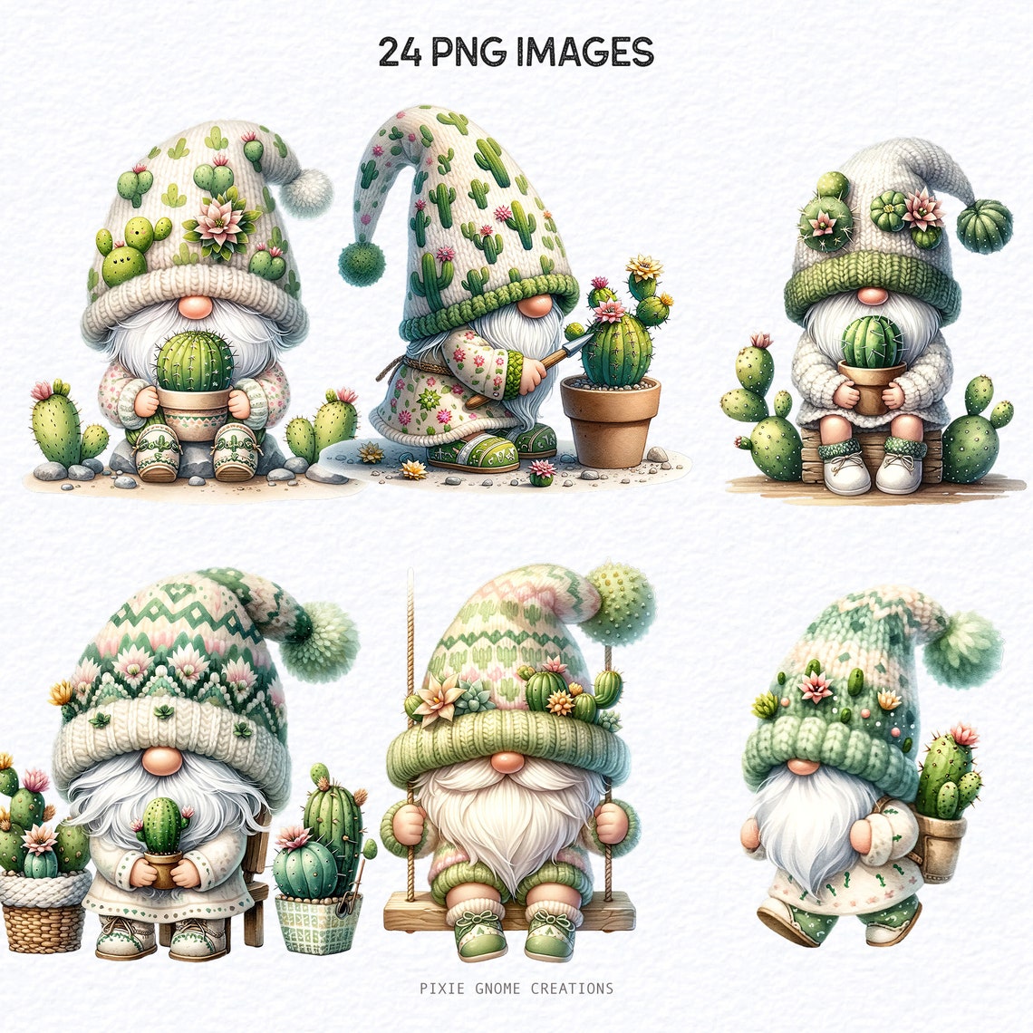 Watercolor Flowering Cactus Gnome Clipart Bundle Png, Succulent Garden ...