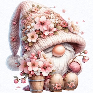 Watercolor Pink Cherry Blossom Gnomes Png, Cute Floral Gnome ...