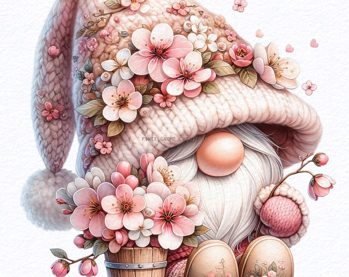 Watercolor Pink Cherry Blossom Gnomes Png, Cute Floral Gnome, Valentines Gnomes Clipart, Hello ...