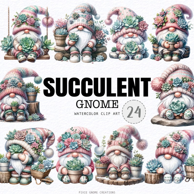 Watercolor Succulent Cactus Gnome Clipart Bundle Png, Succulent Garden ...