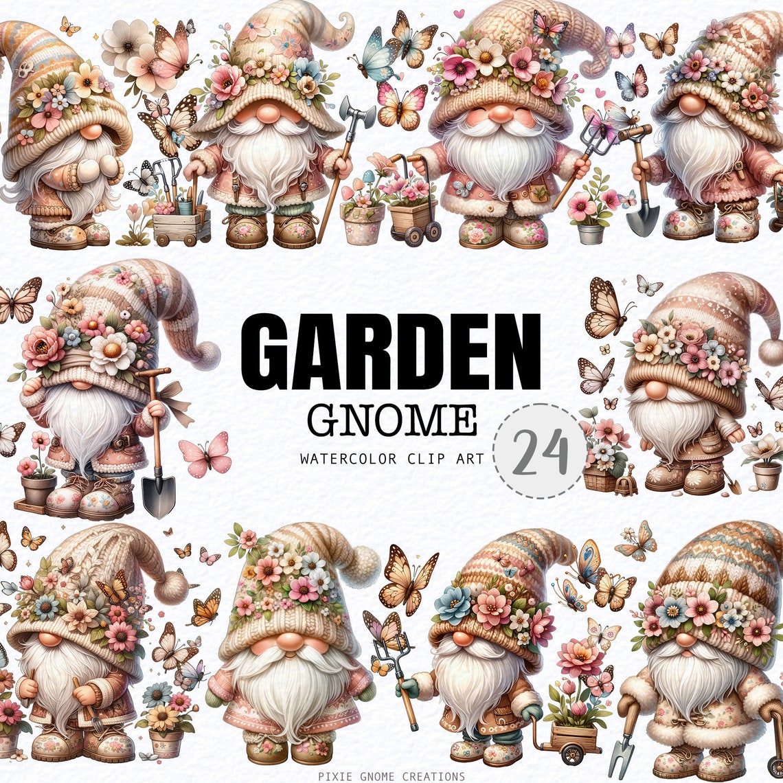 Watercolor Garden Gnome Clipart PNG Clipart Bundle, Gnome With Flowers ...