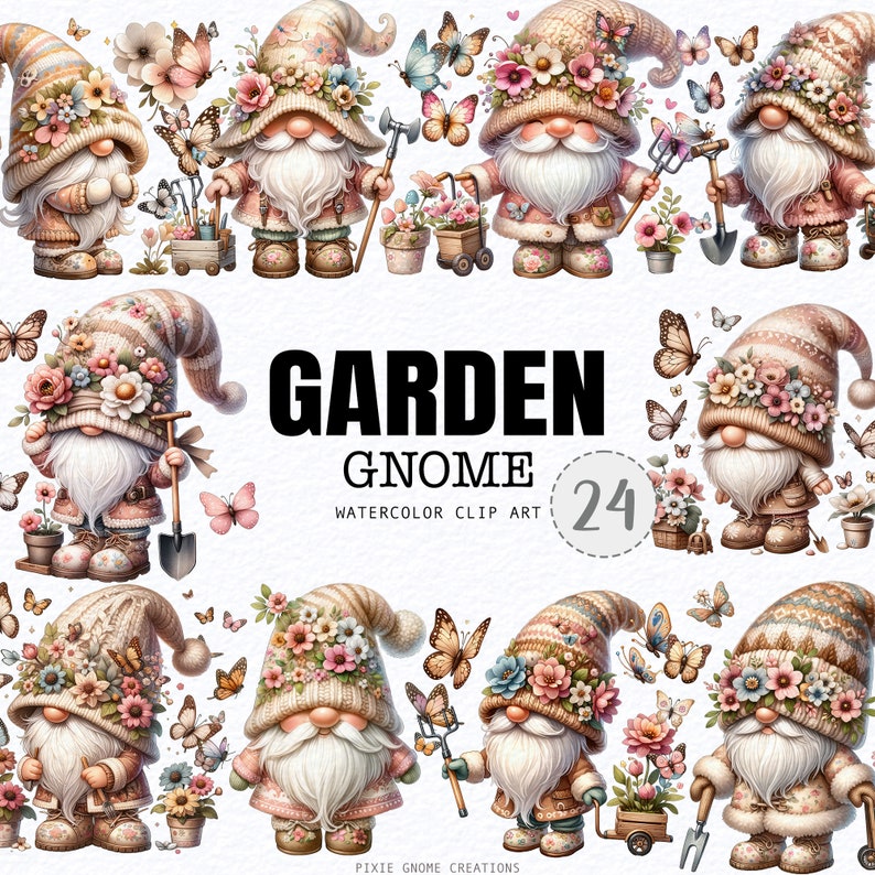 Watercolor Garden Gnome Clipart PNG Clipart Bundle, Gnome With Flowers ...
