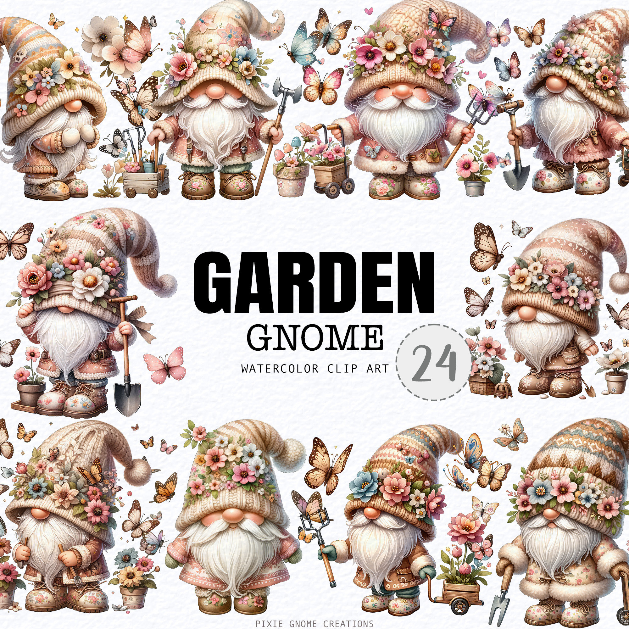 Watercolor Garden Gnome Clipart PNG Clipart Bundle, Gnome With Flowers ...