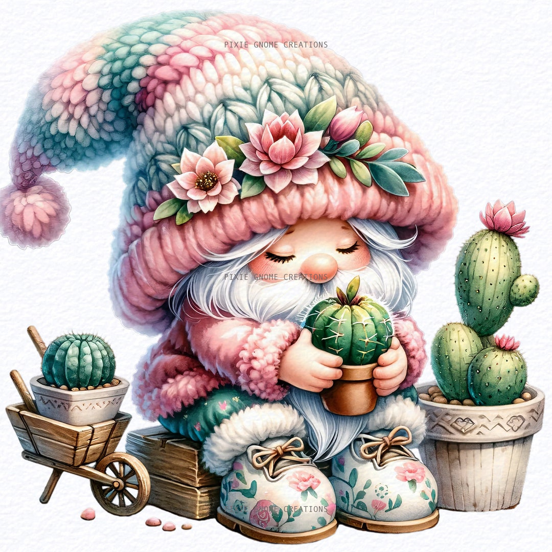 Watercolor Flowering Cactus Gnome Clipart Bundle Png, Succulent Garden ...