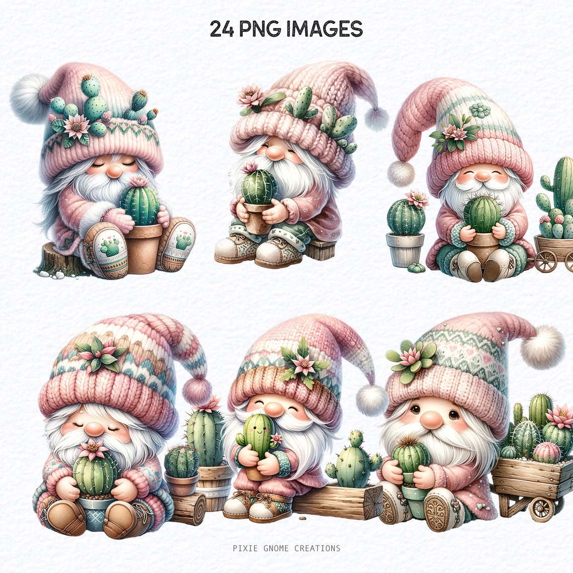 Watercolor Flowering Cactus Gnome Clipart Bundle Png, Succulent Garden ...