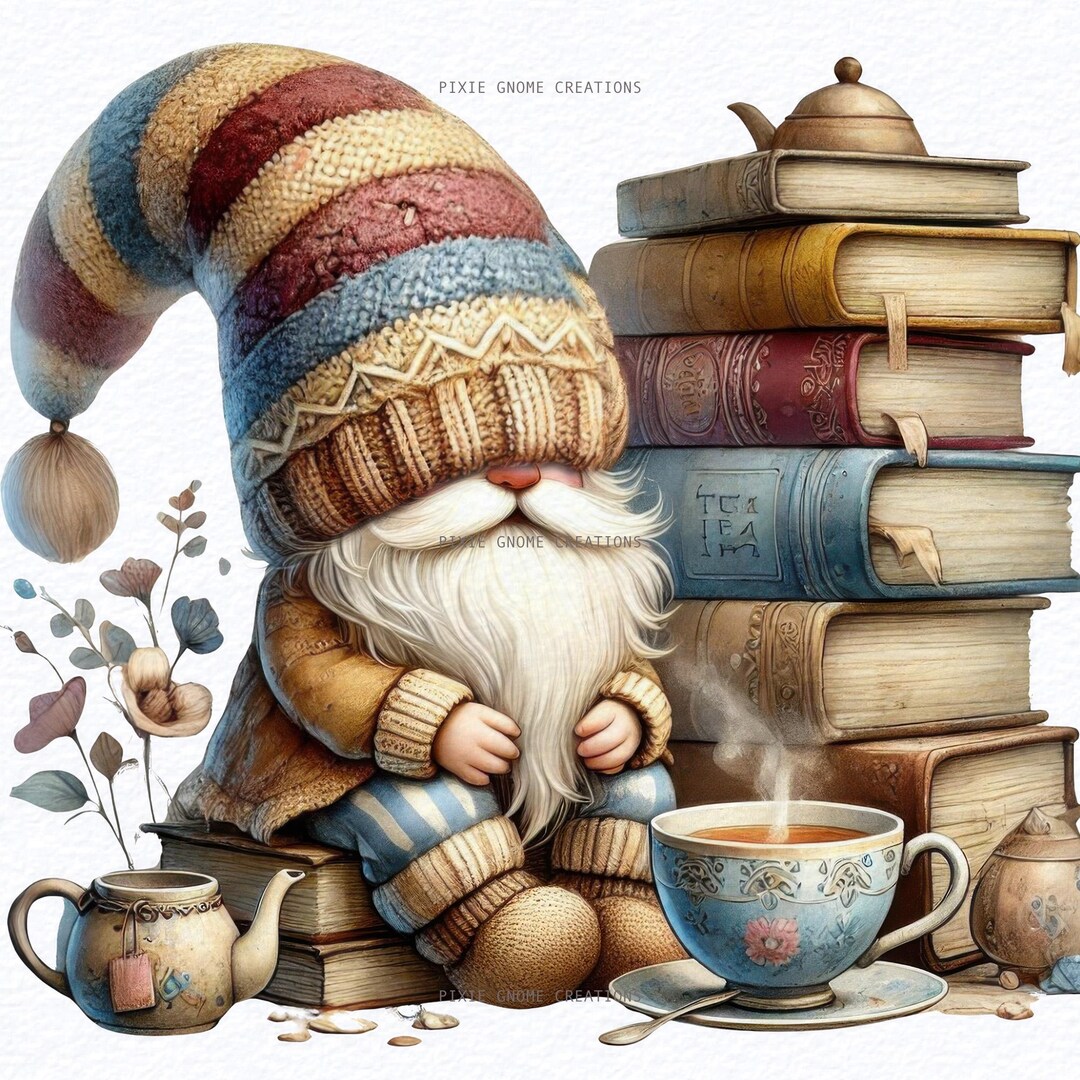 Watercolor Tea and Book Gnome, Book Gnome Png, Coffee Gnomes PNG ...