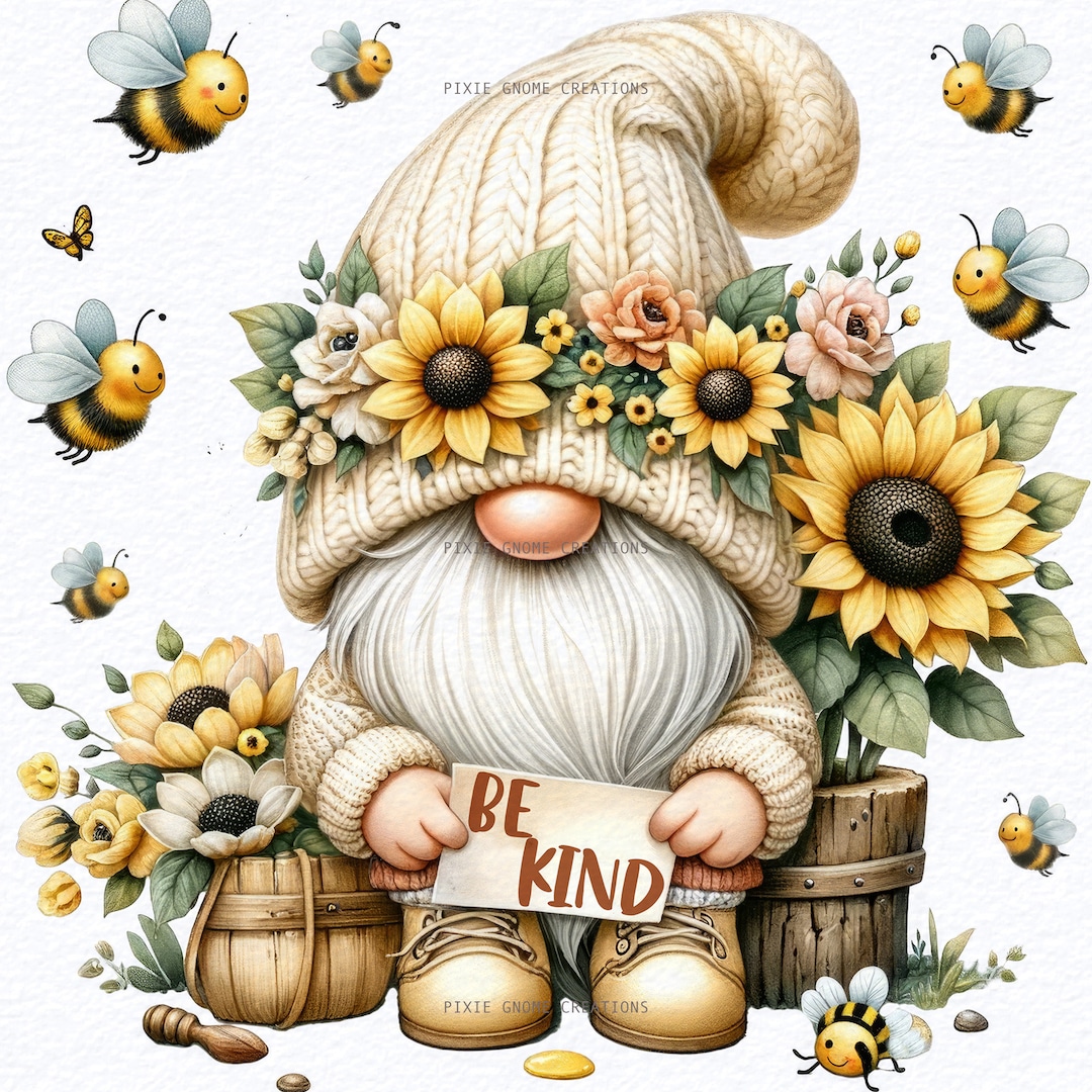Watercolor Flower Bee Gnome Clipart Bundles, Sunflower Flowers, Clipart ...