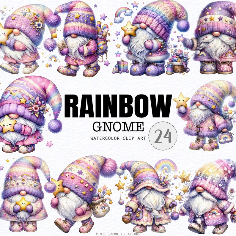 Watercolor Rainbow Star Gnome Png Clipart Bundle, Valentine Colorful ...
