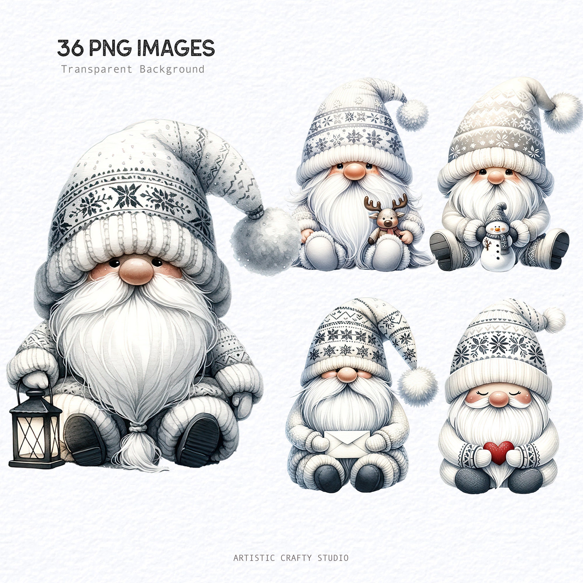 36 Watercolor Gnome Bundle Png, Watercolor White Christmas Gnomes ...