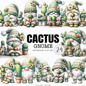 Watercolor Flowering Cactus Gnome Clipart Bundle Png, Succulent Garden ...