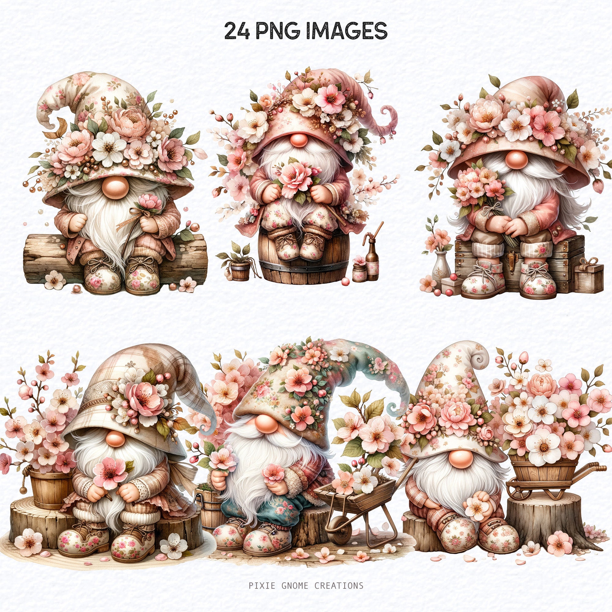 Watercolor Pink Cherry Blossom Gnomes Png, Cute Floral Gnome ...
