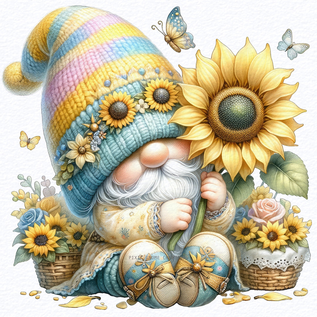 Watercolor Sunflowers Gnome Clipart Bundle Png, Garden Clipart, Spring ...