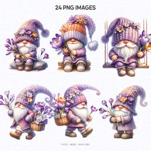 Watercolor Crocus Gnome Clipart Bundles, Gnome With Flowers, Clipart ...