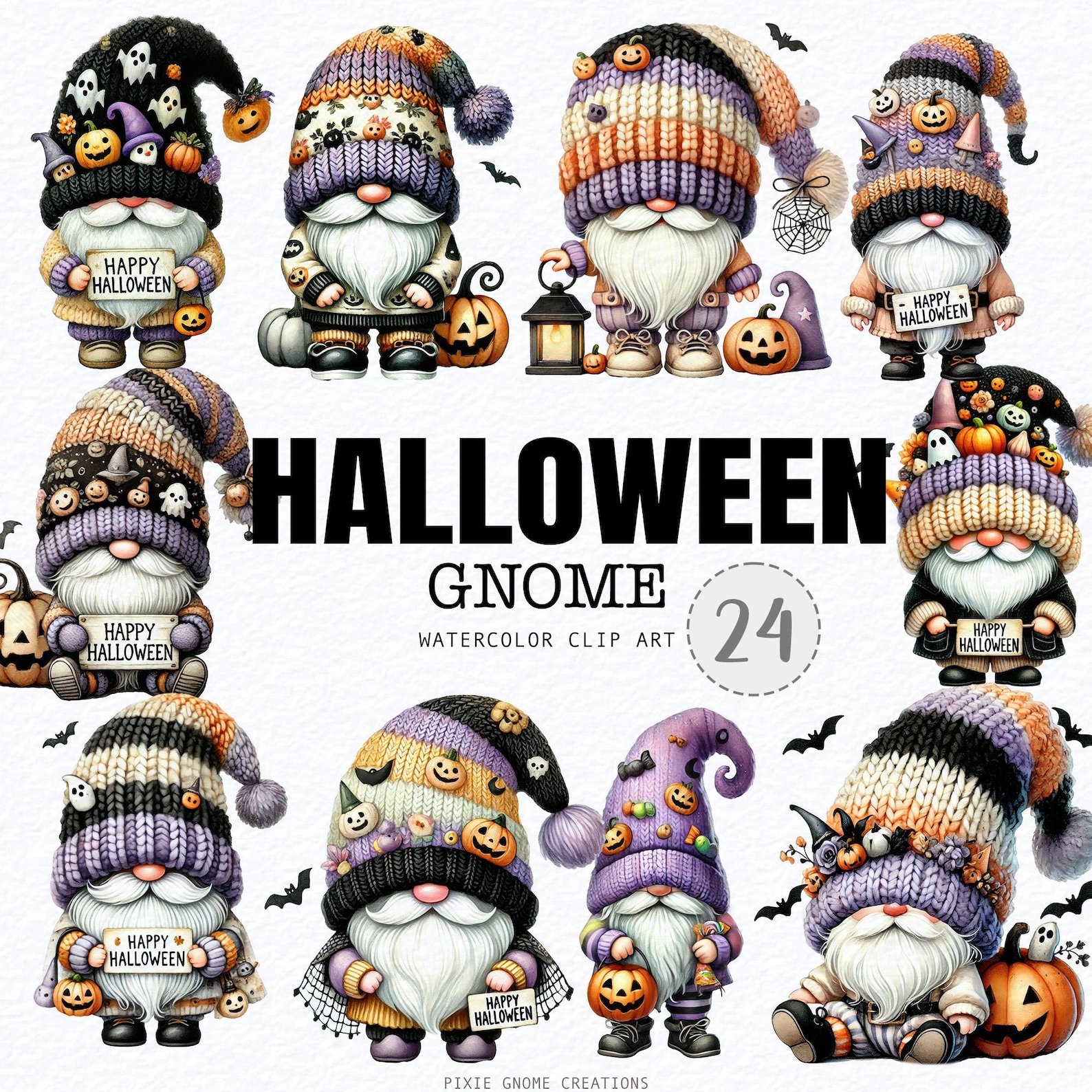 Watercolor Halloween Gnome Clipart PNG Bundle, Spooky Season Halloween ...