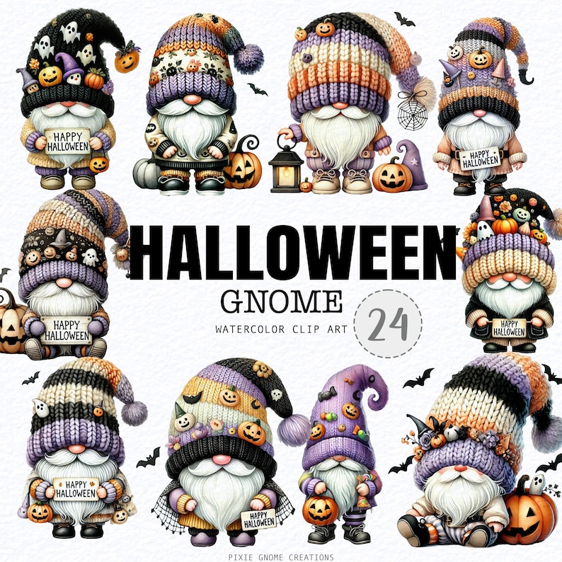 Watercolor Halloween Gnome Clipart PNG Bundle, Spooky Season Halloween ...
