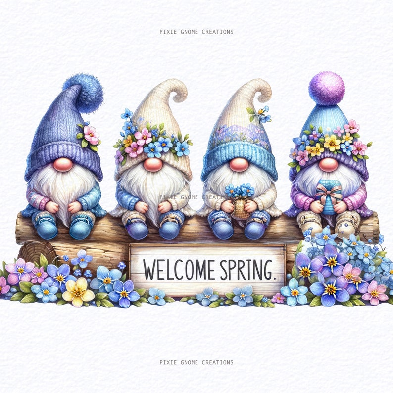 Watercolor Forget Me Not Flower Wreath Gnome Clipart Bundles, Gnome ...
