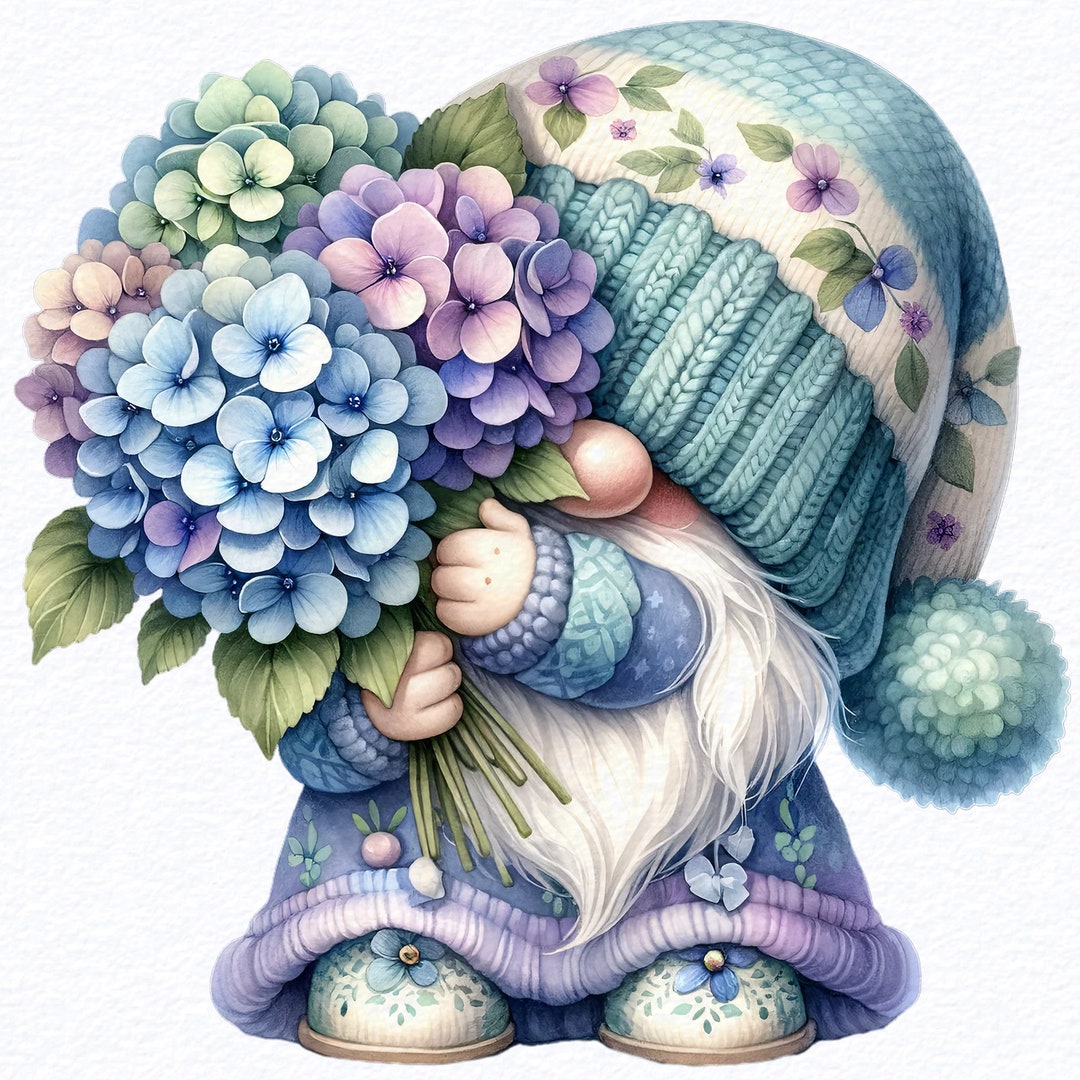 Watercolor Hydrangeas Gnomes Png, Cute Floral Gnome, Valentines Gnomes ...