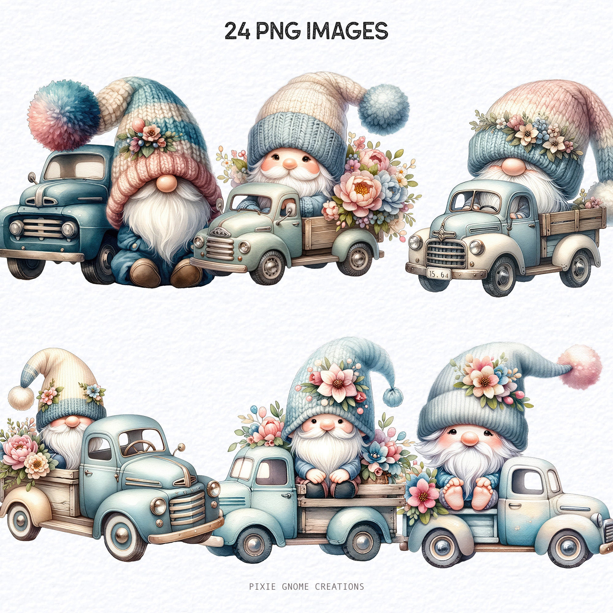 Watercolor Retro Truck Gnome Clipart PNG Bundle, Garden Gnome With ...