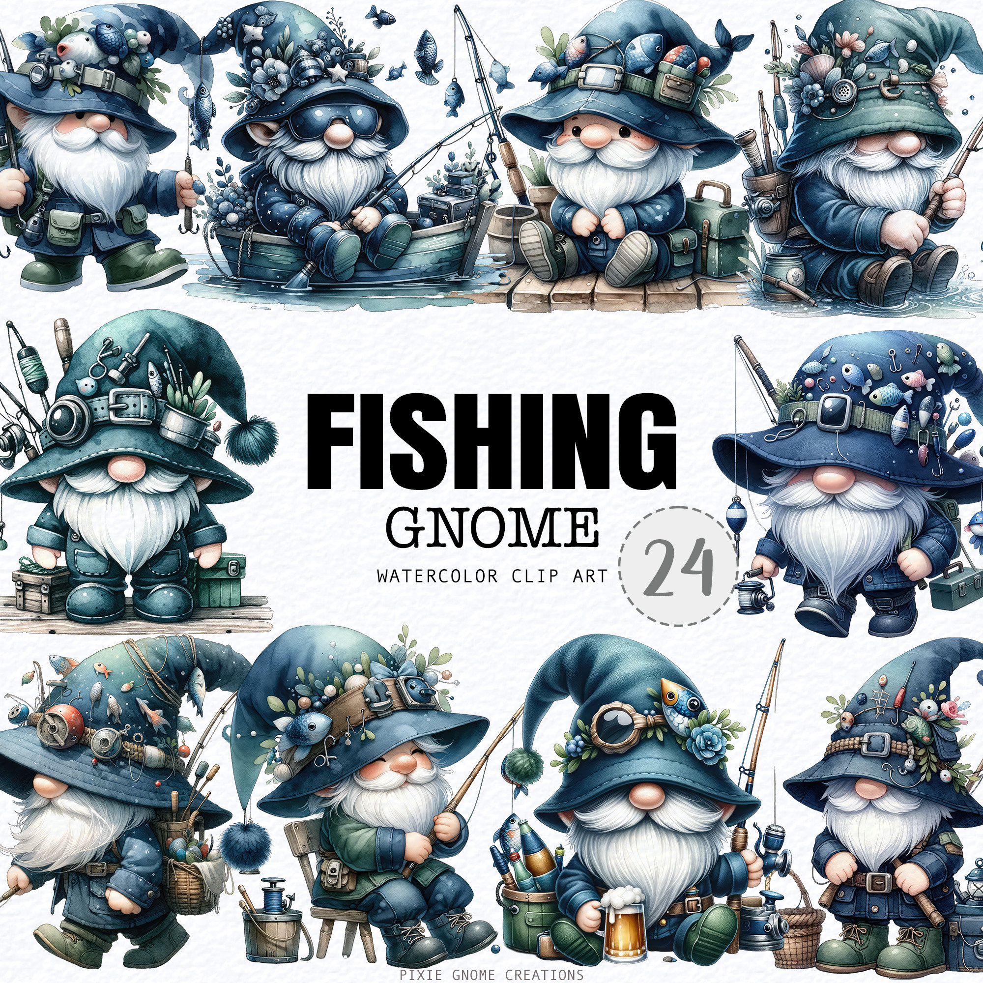 Watercolor Fishing Gnome Clipart Bundle Png, Fisherman Gnome, Fly ...